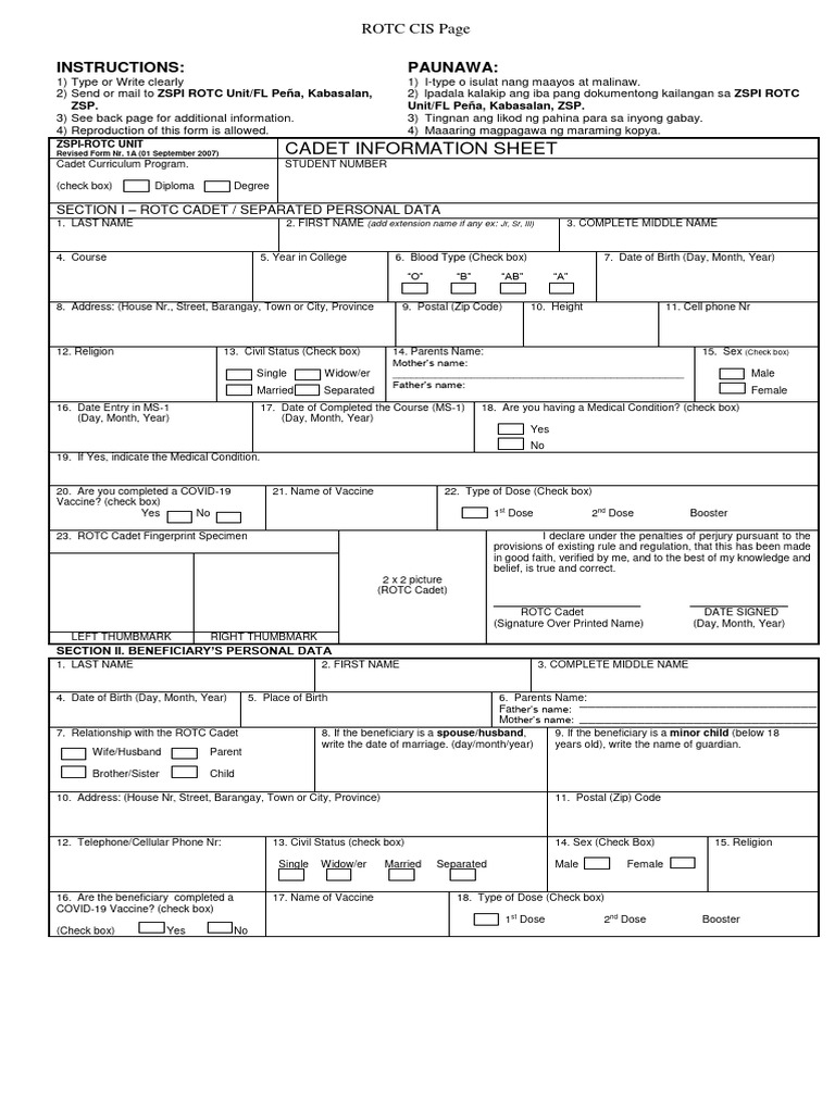 Rotc Cadet Enrollment Form | PDF