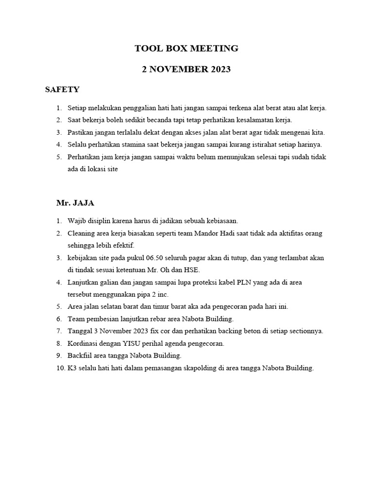 TOOL BOX MEETING 2 Nov 2023 | PDF