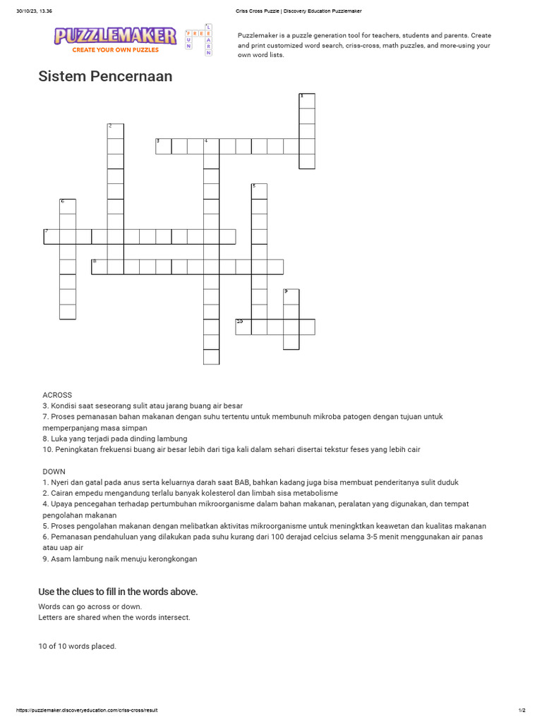 Criss Cross Puzzle - Discovery Education Puzzlemaker | PDF