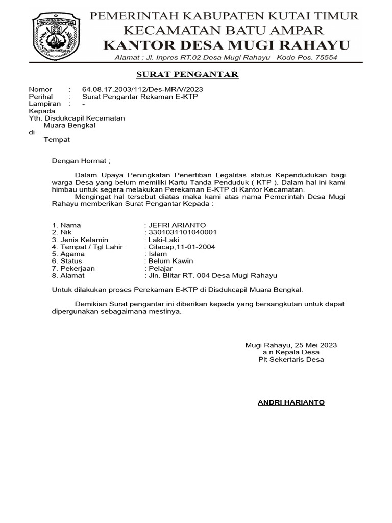 Surat Pengantar Rekaman E-KTP 2023 | PDF