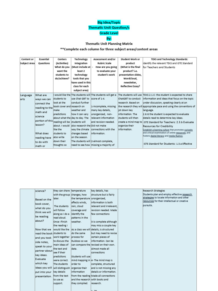 Thematic Unit Template | PDF | Information | Weather