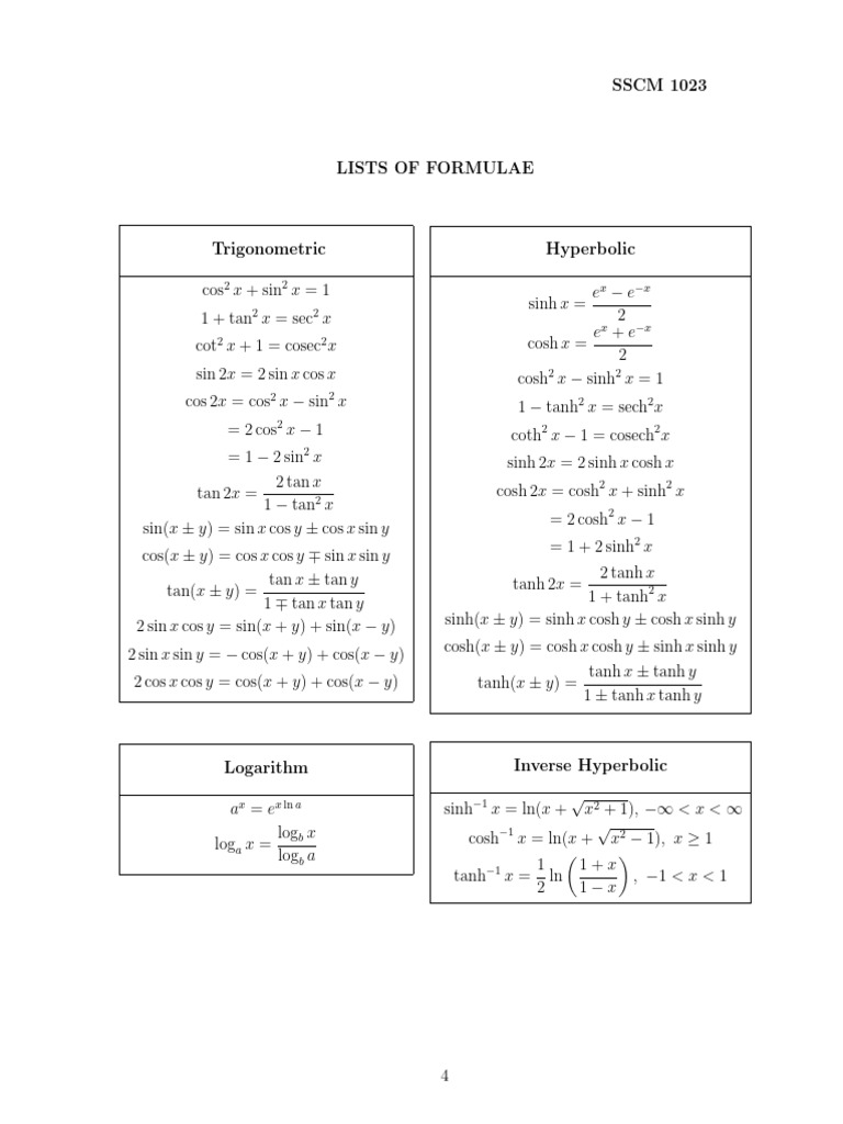 List of Formula sscm1023 Chap1 To 4 | PDF | Elementary Geometry | Hyperbolic Geometry