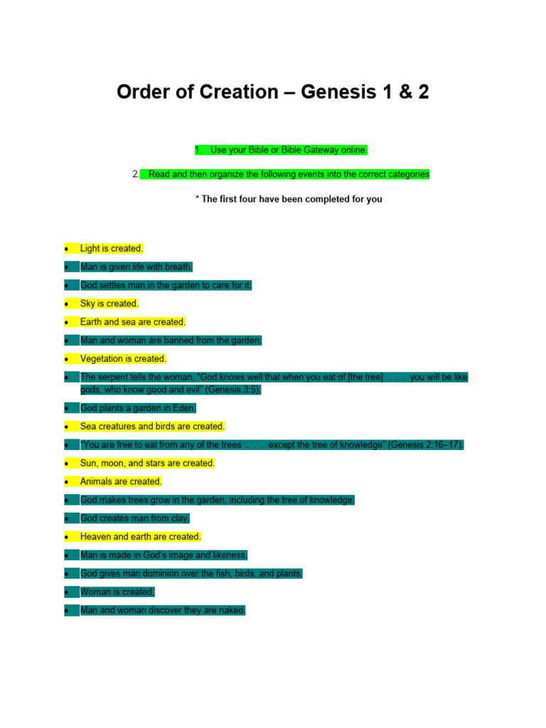 Order of Creation Activity | PDF | Genesis Creation Narrative ...