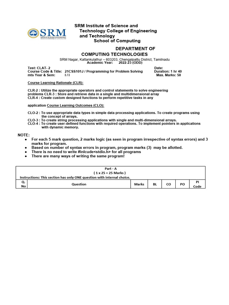 SRM Institute of Science and Technology College of Engineering and ...