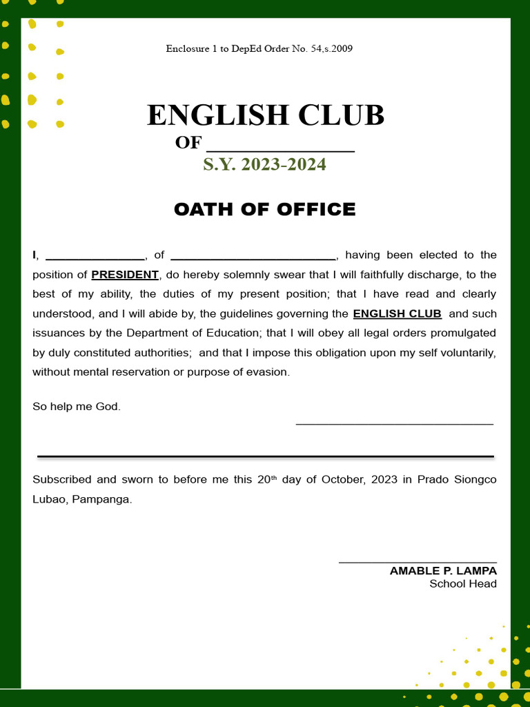 English Club President Oath 2023-2024 | PDF