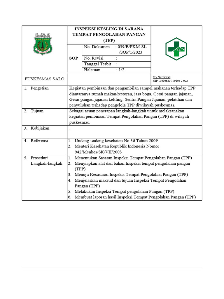SOP Inspeksi TPP Puskesmas | PDF