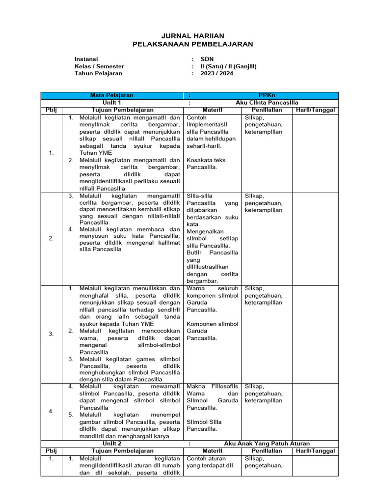 Jurnal Harian Kelas 2 Semester 1 Kurmer | PDF