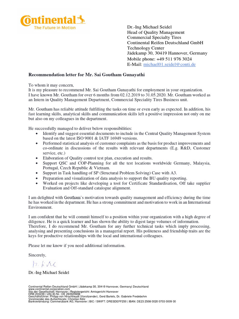 Recommendation Letter | PDF | Quality Management | Business