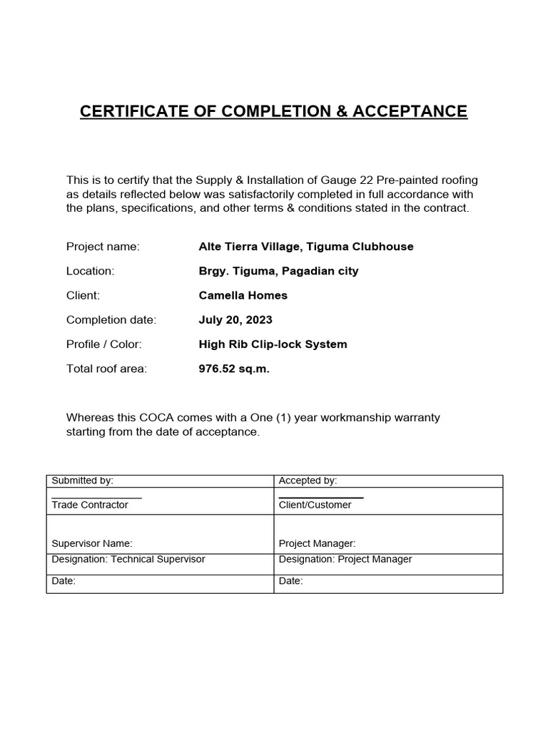 Sample Certificate of Completion & Acceptance | PDF
