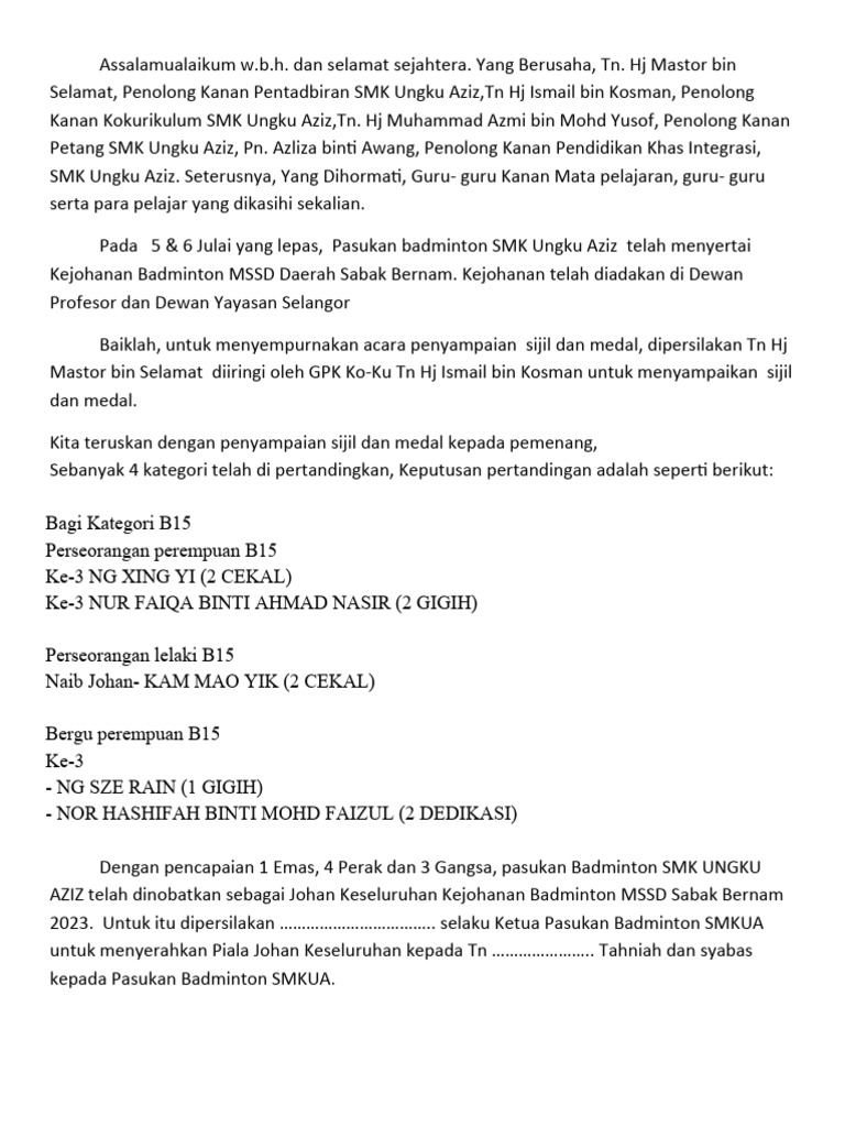 Ucapan Penyampaian Hadiah Badminton 2023 | PDF
