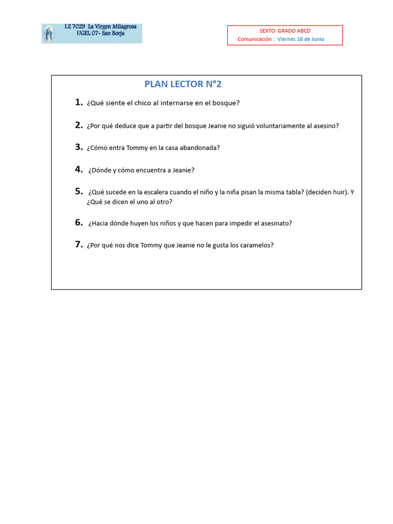 Ficha de Plan Lector 2 - 16-06-2023 | PDF