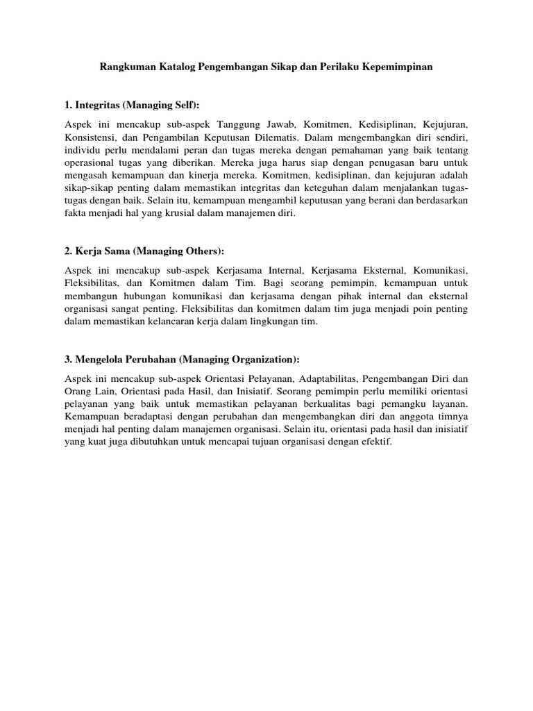 Rangkuman Katalog Pengembangan Sikap Dan Perilaku Kepemimpinan | PDF