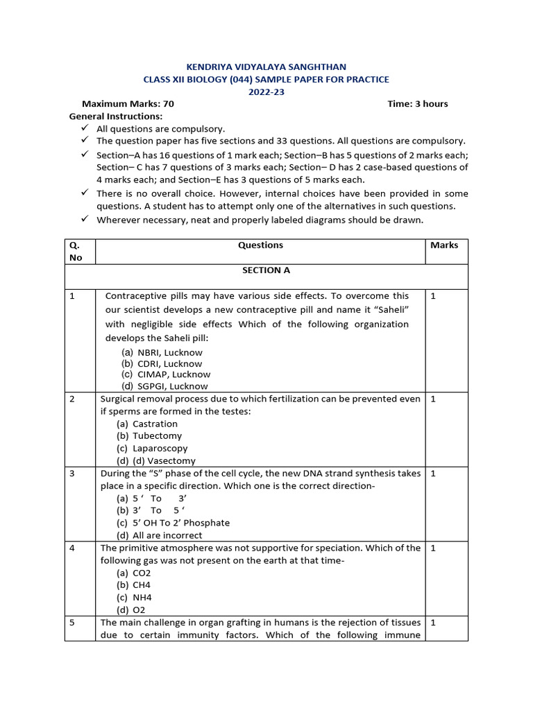 Class XII Biology Sample Paper 2022-23 | PDF | Reproduction | Sewage