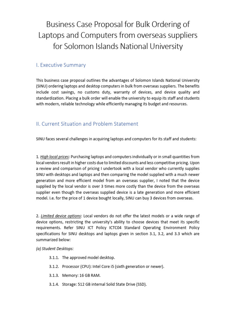 Business Case Proposal For Bulk Ordering of Laptops and Computers From ...