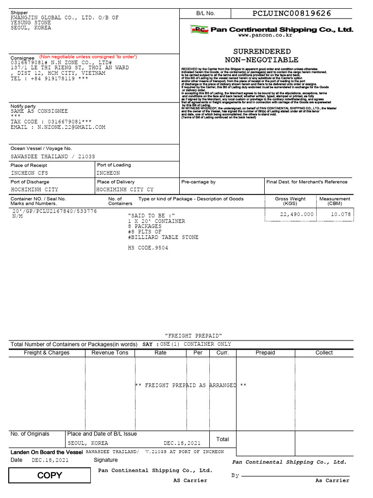 Surrender MBL - 18.dec.2021 | PDF | Bill Of Lading | Cargo