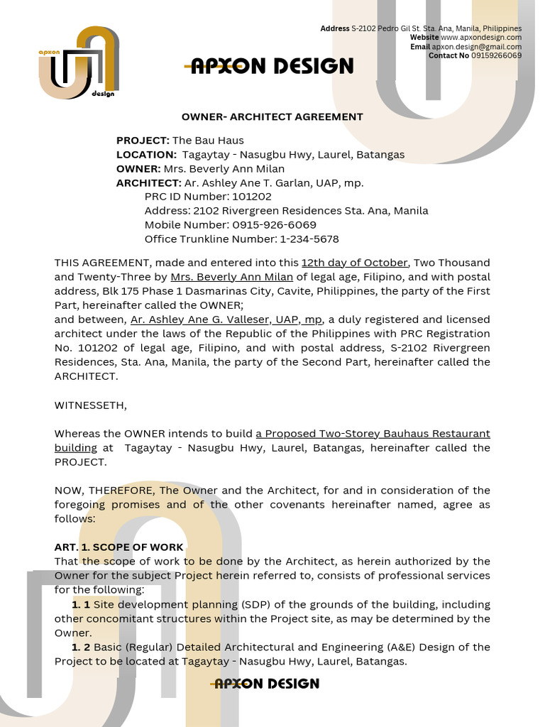 Owner-Architect Agreement Example | PDF | Architect | Specification ...