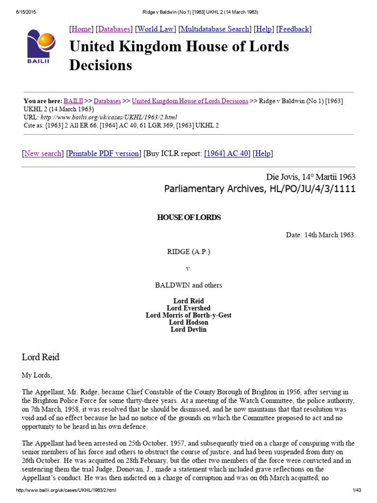 Ridge v Baldwin Case Analysis | PDF