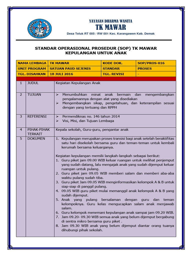 TK MAWAR-SOP-Kepulangan-Siswa | PDF