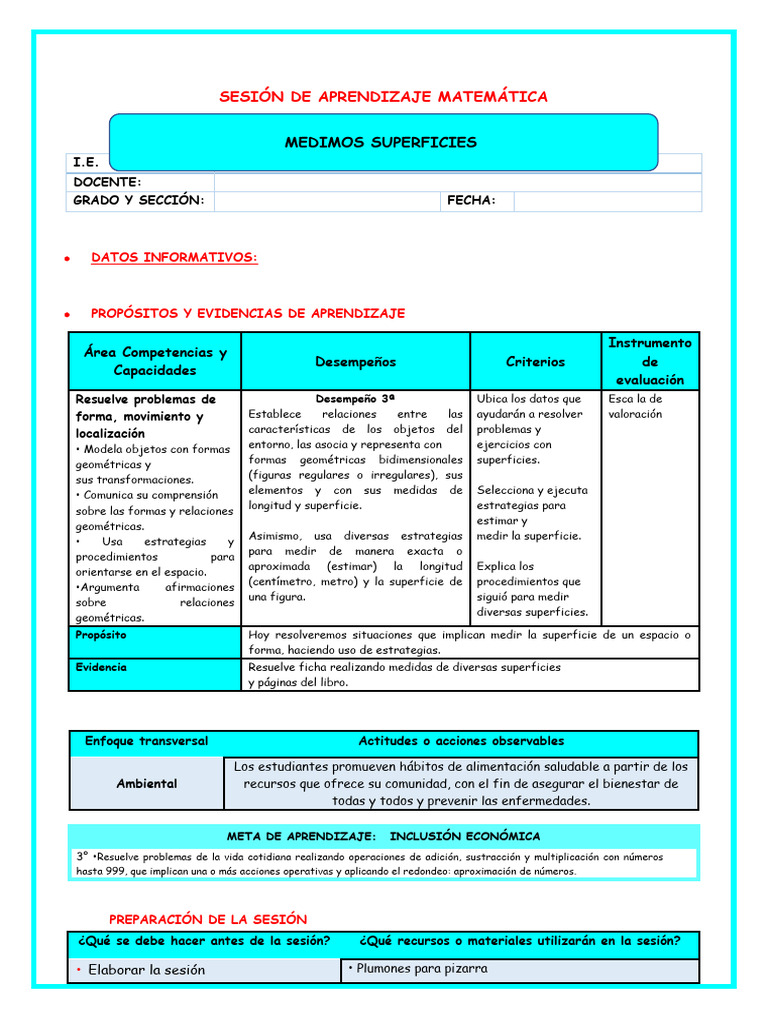 3° Ses Matem Mart 12 Medimos Superficie Yessenia Carrasco | PDF | Aprendizaje | Evaluación