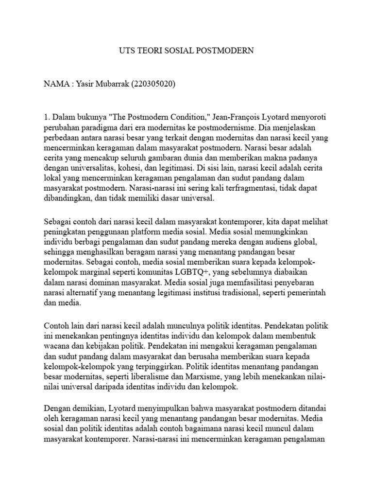 Uts Teori Sosial Post Modern | PDF