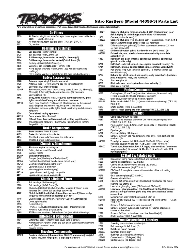 Traxxas Nitro Rustler Parts Codes | PDF | Axle | Steering