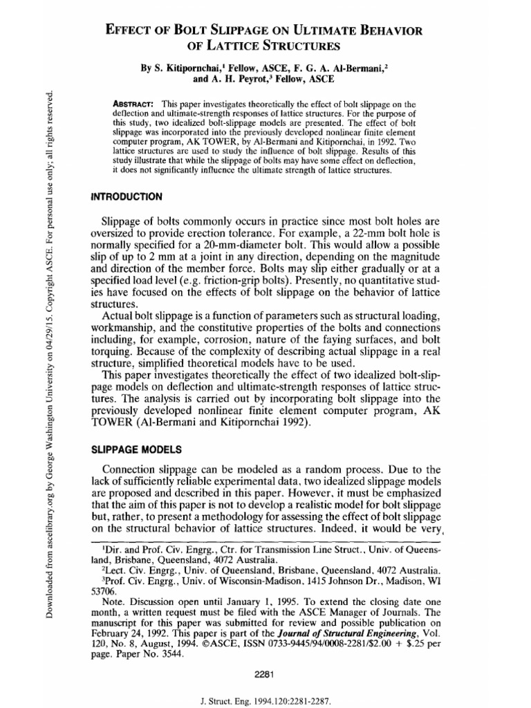 Effect of Bolt Slippage On Ultimate Behavior of Lattice Structures | PDF