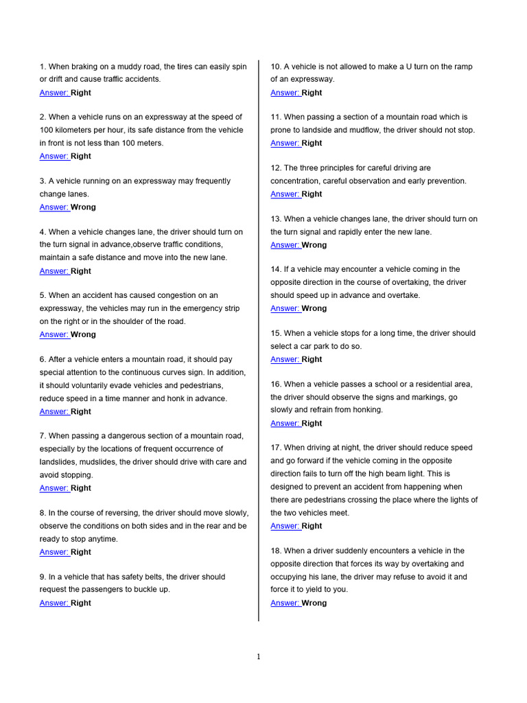 2020 Subject 1 Test Questions | PDF | Traffic | Intersection (Road)