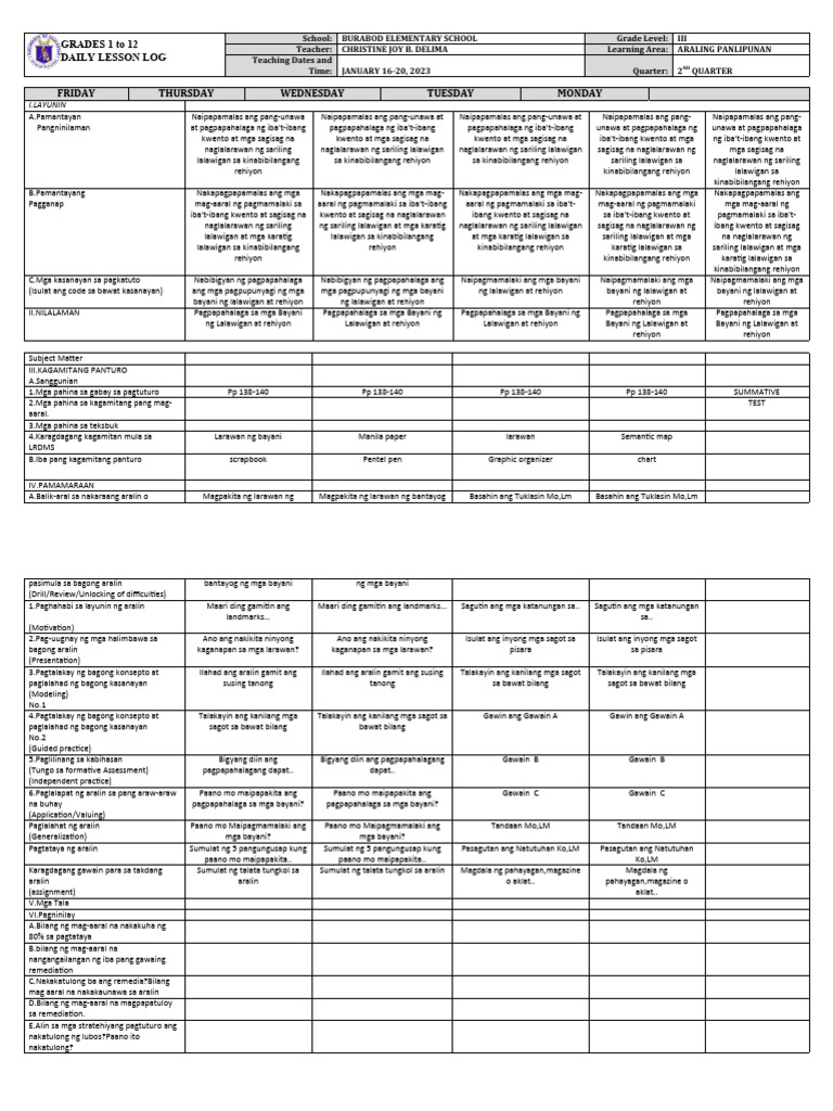 DLL - Araling Panlipunan 3 - Q2 - W9 | PDF
