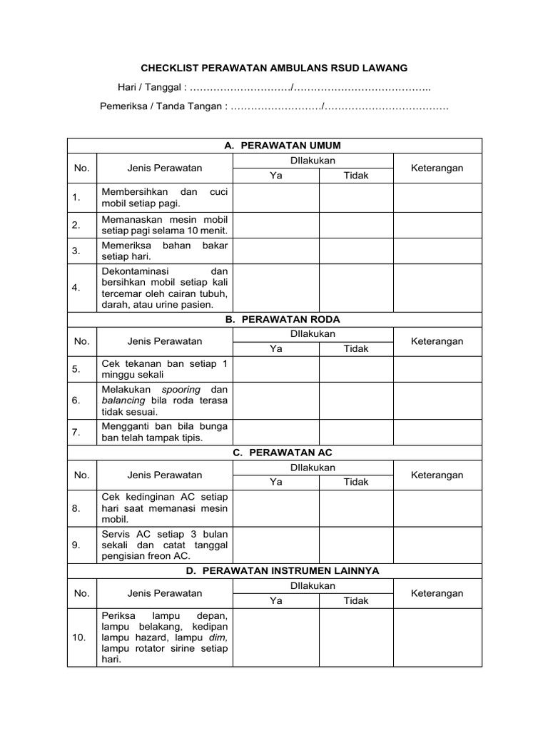Checklist Perawatan Ambulans RSUD Lawang | PDF