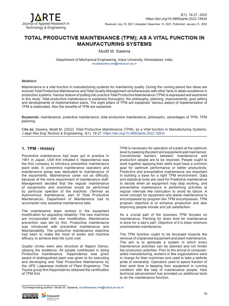 Saxena - Total Productive Maintenance TPM As A Vital Function in Manufacturing Systems | PDF ...