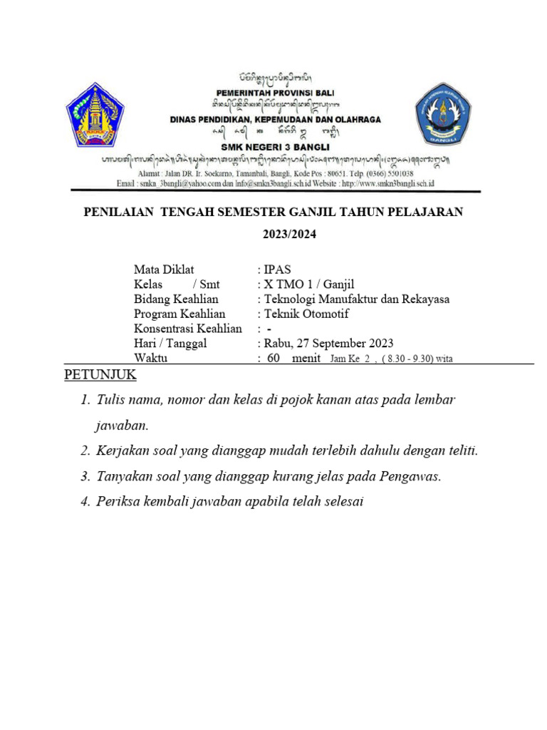 Penilaian Tengah Semester Ganjil Tahun Pelajaran 2023-2024 | PDF