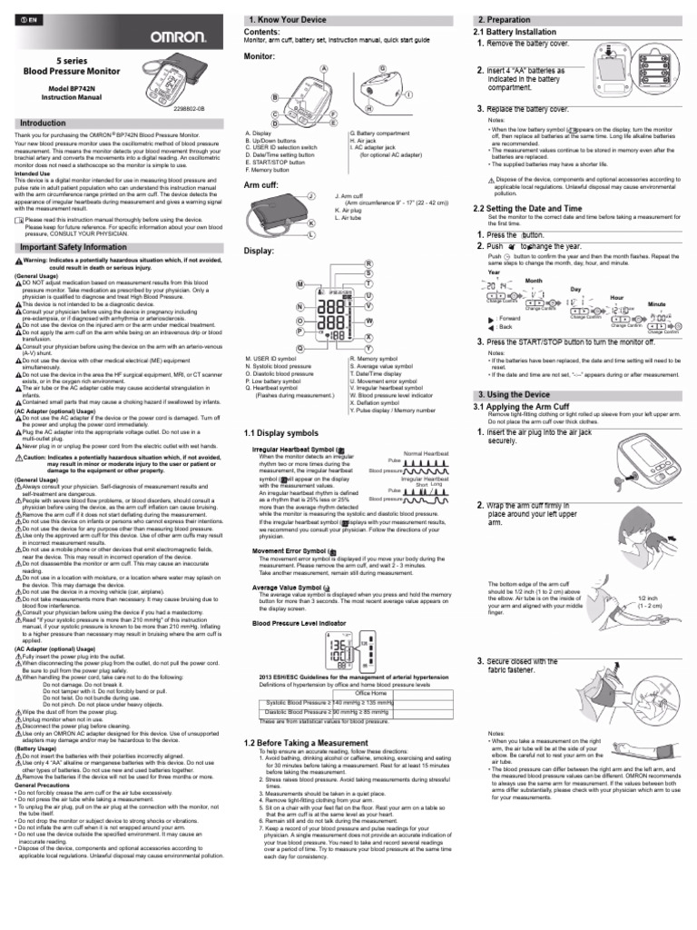 User Manual Omron BP742N (English - 2 Pages) | PDF