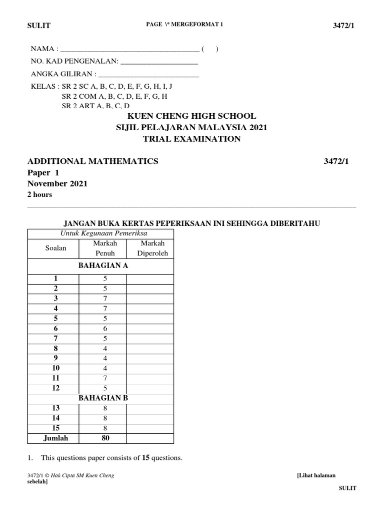 2021 SPM Trial Add Math P1 | PDF
