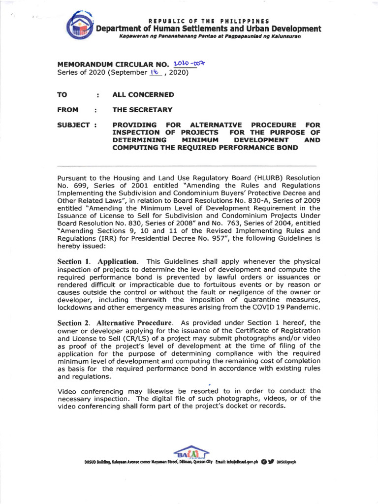 DHSUD Memorandum - Circular - No.2020-007 - Alternative Procedure For ...