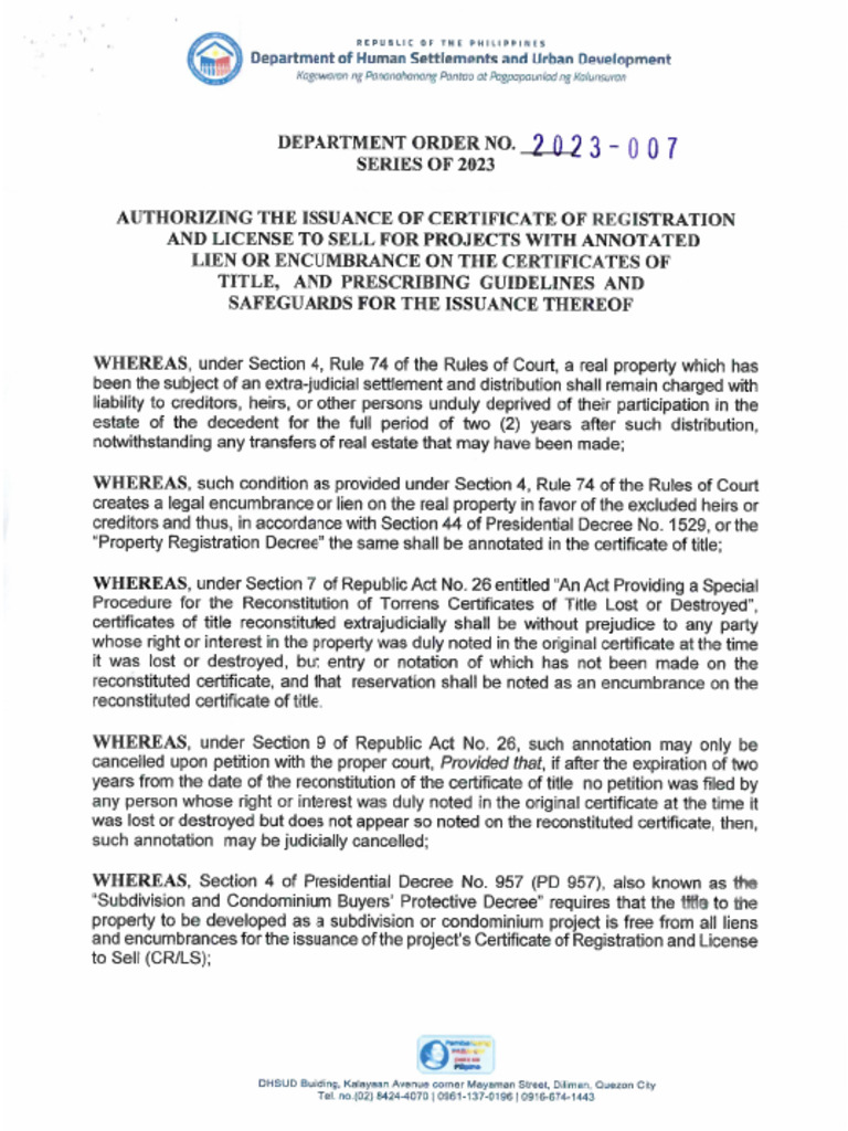 DHSUD Department Order 2023-007_Authorizing the Issuance of CR LS for ...