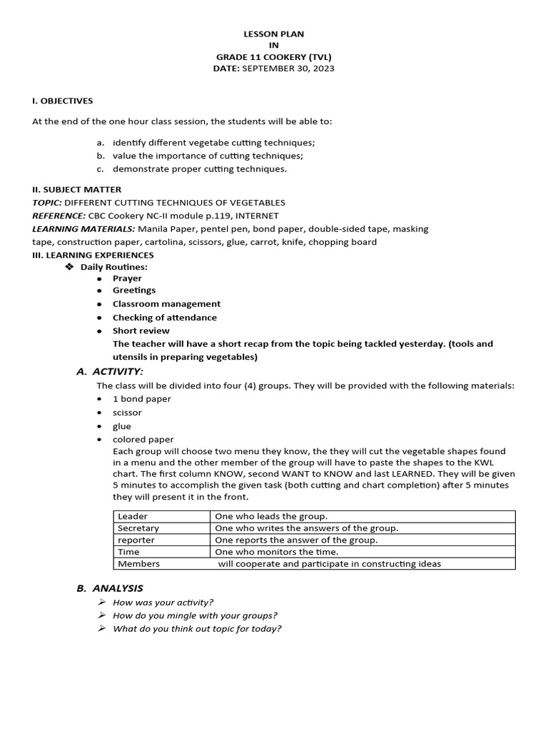 Lesson Plan in Grade 11 Cookery For Demo Teaching1 | PDF
