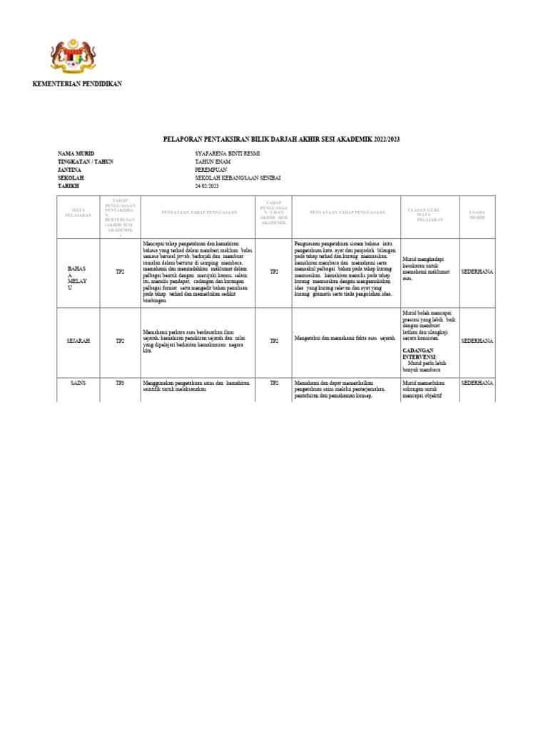 Laporan PBD Tahun 6 2022-2023 | PDF