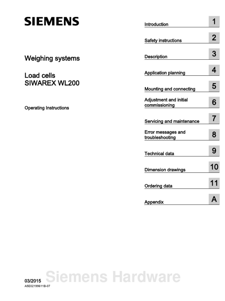 Operating Instructions Load Cells SIWAREX WL200 A5E02199611B-07 | PDF ...