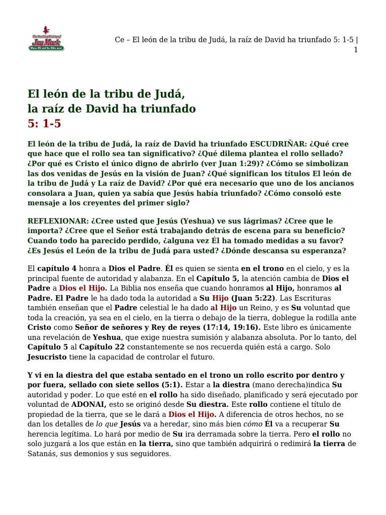Ce – El León de La Tribu de Judá, La Raíz de David Ha Triunfado 5 - 1-5 | Descargar gratis PDF ...