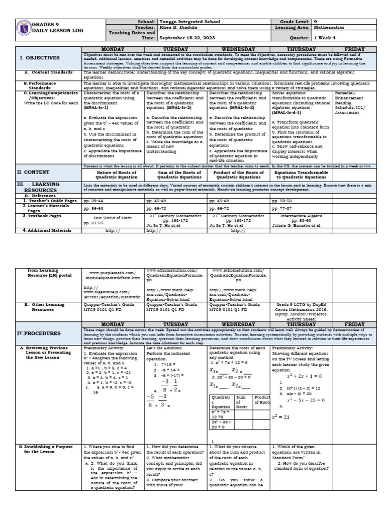DLL-Math 9 Quarter 1week 4 SY 2023-2024 | PDF | Quadratic Equation | Equations