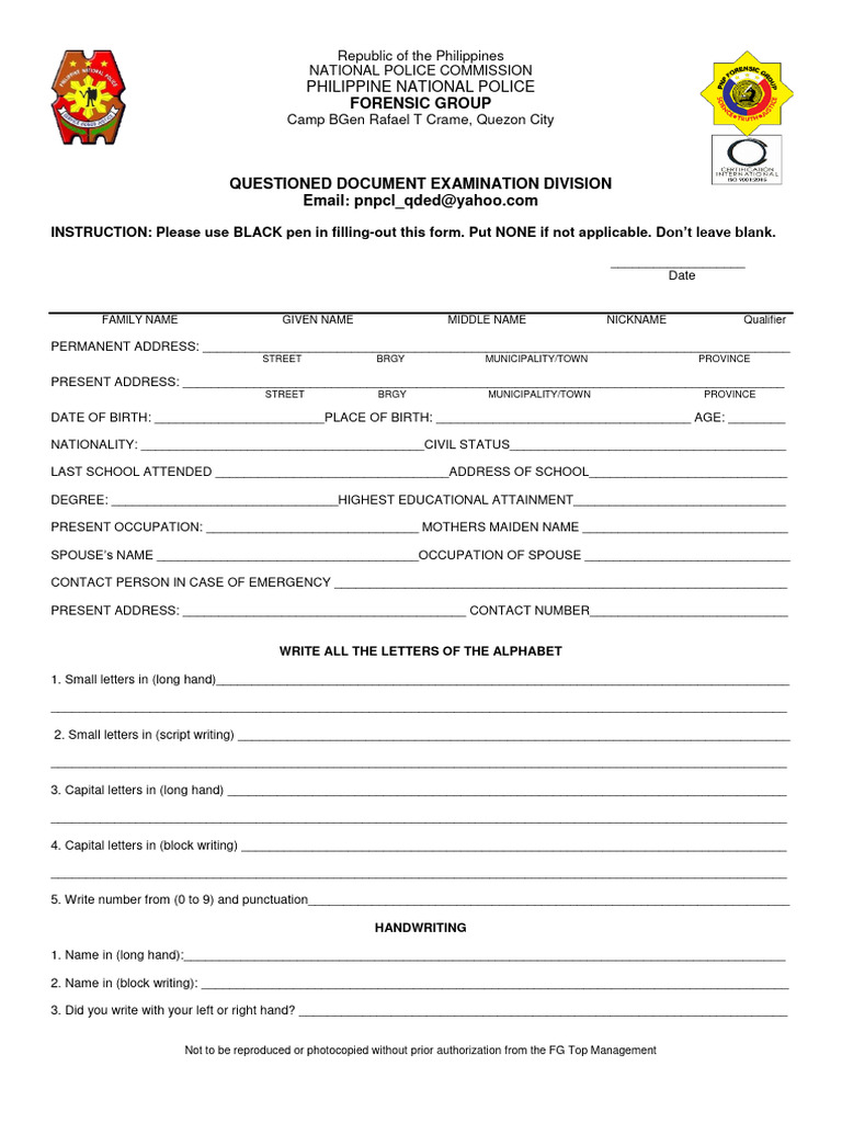 Handwriting Specimen Submission Form | PDF | Human Communication | Written Communication