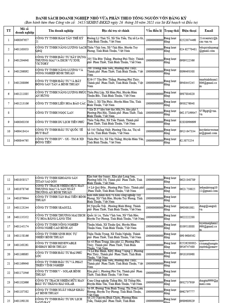 BinhThuan - Danh Sach Doanh Nghiep Phan Theo Nguon Von Dang Ky | PDF