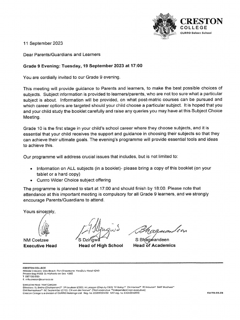 Grade 9 Subject Choice Meeting With Parents and Learners | PDF