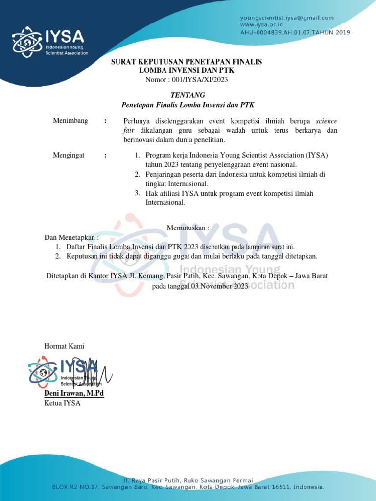 Surat Keputusan Penetapan Finalis | PDF