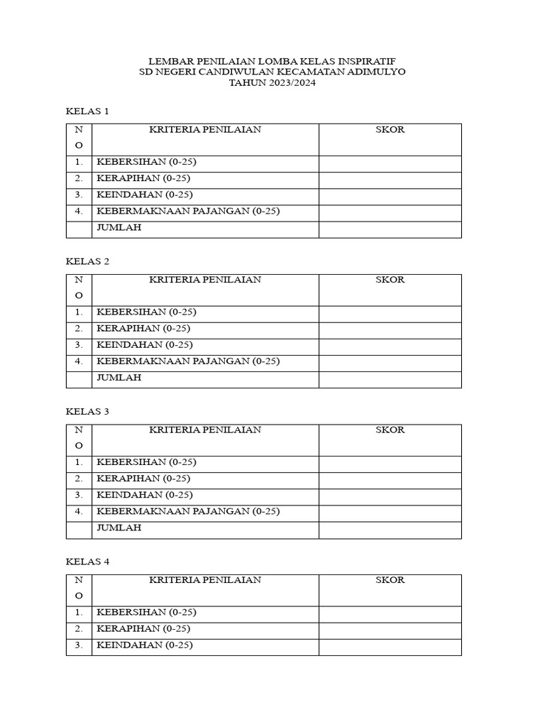 Lembar Penilaian Lomba Kelas Inspiratif | PDF
