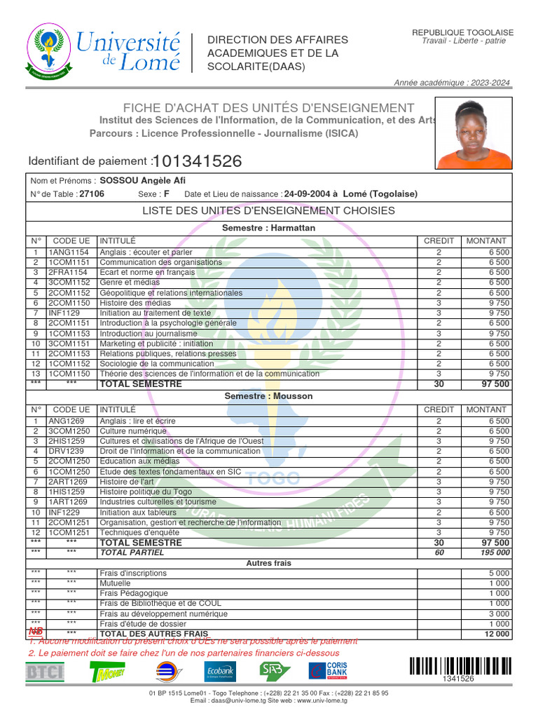 Fiche D'Achat Des Unités D'Enseignement: Identifiant de Paiement | PDF