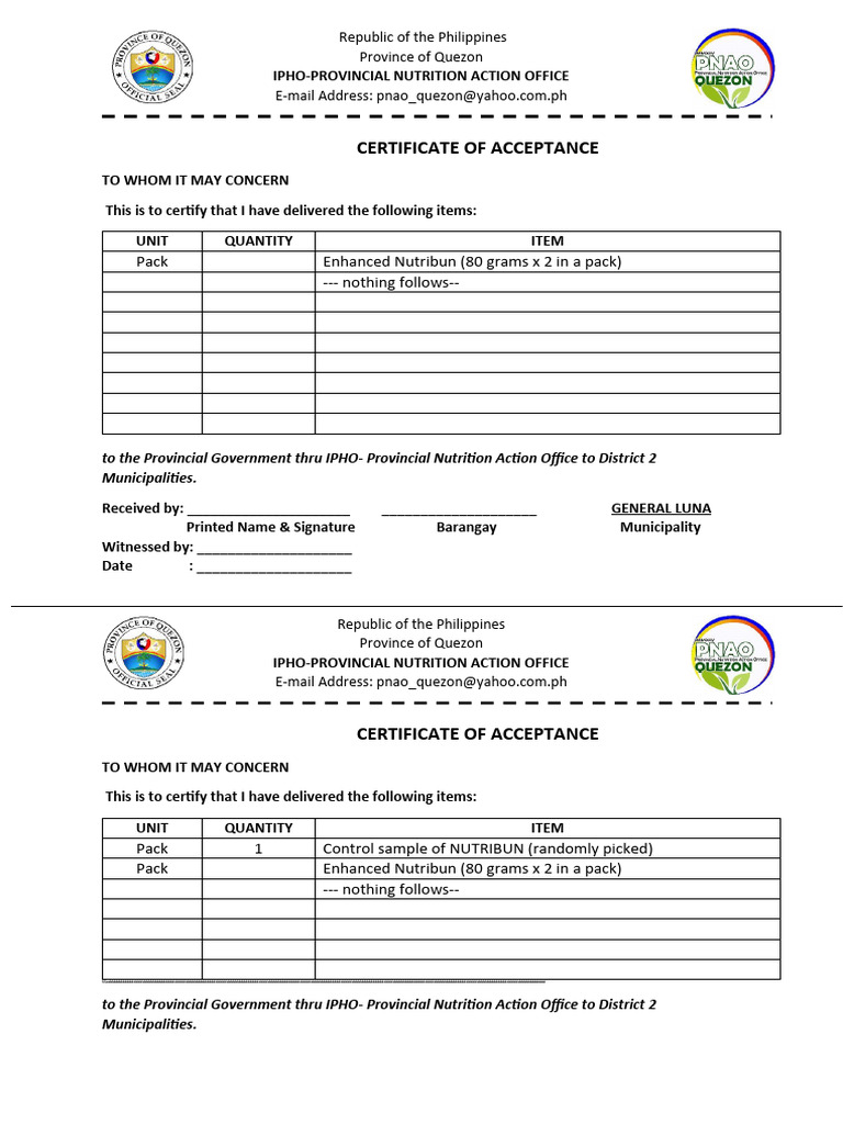 Certificate of Acceptance - General - Pnao 5 | PDF