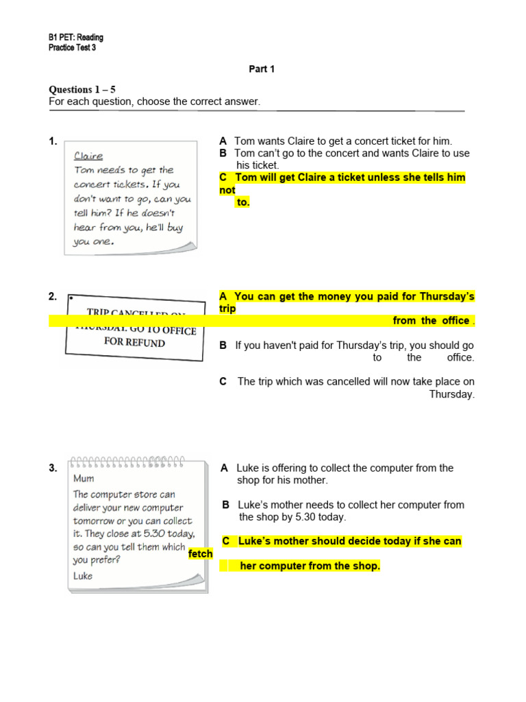 B1 PET Reading Practice Test 3 Part 1-3 (Homework) | PDF | Hotel | Sea