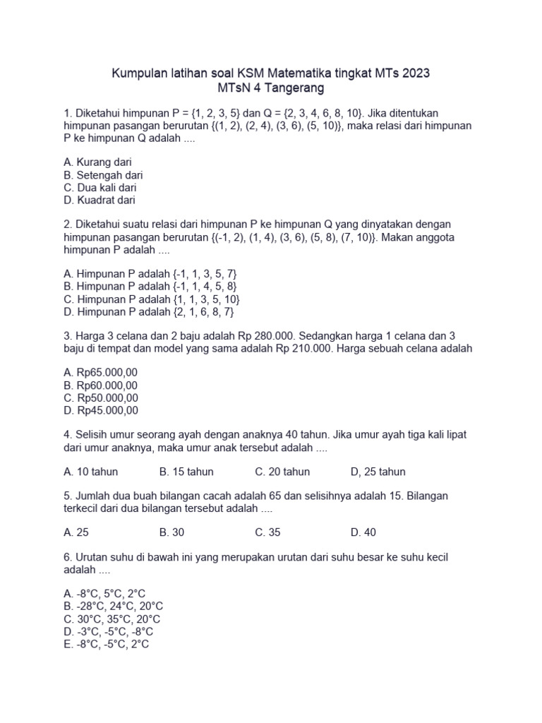 Kumpulan Latihan Soal KSM Matematika Tingkat MTs 2023 | PDF