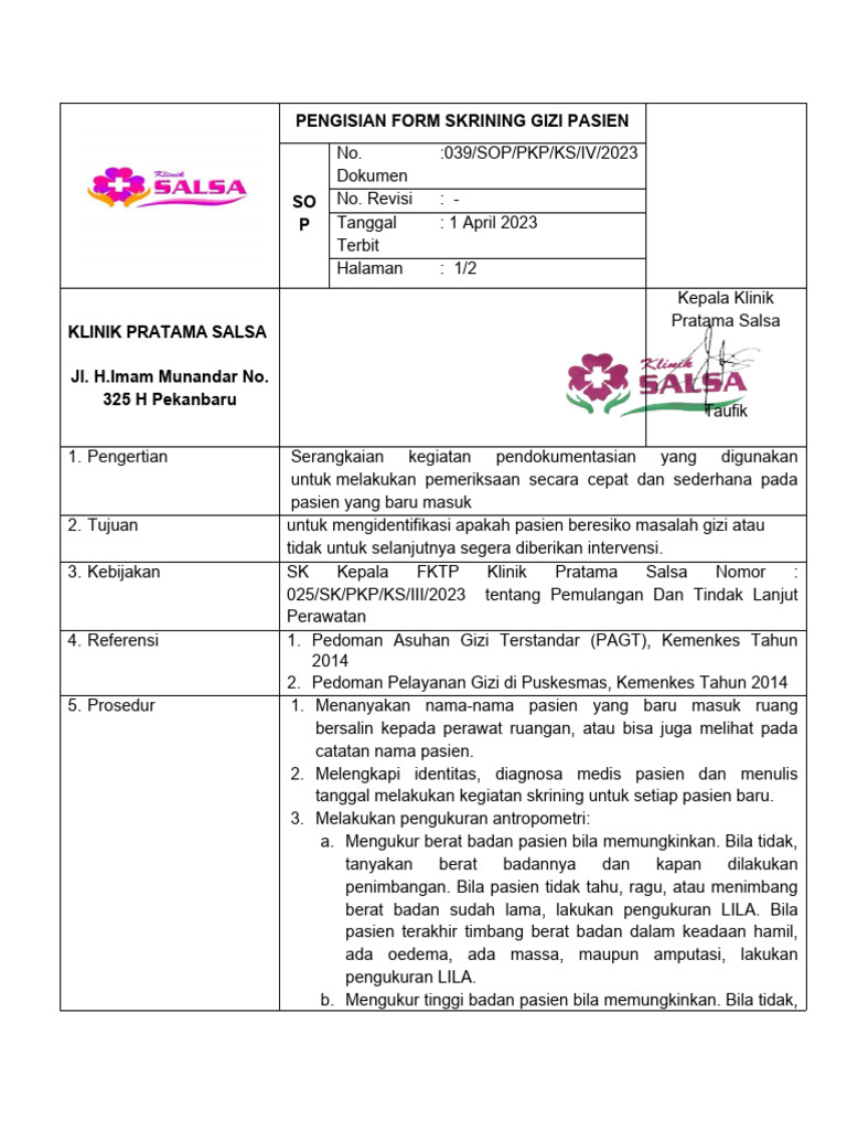 Sop Pengisian Form Skrining Gizi Pasien | PDF